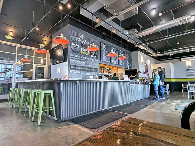 Industrial chic meets burger joint perfection. Those orange pendant lights aren't just for show&mdash;they're spotlights for the culinary stars of the show.