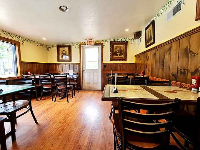 Step inside and you're transported to a cozy New England cabin where the walls tell stories and the aroma promises unforgettable meals ahead.