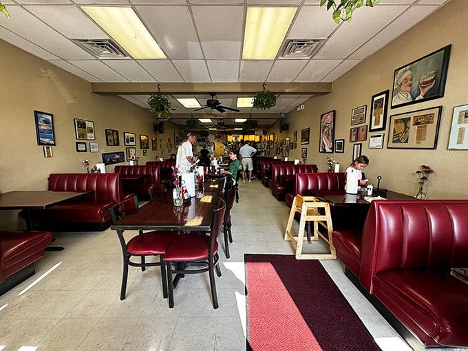 Classic red vinyl booths that have witnessed thousands of breakfast debates and coffee confessions. The kind of place where memories are served alongside the specials.