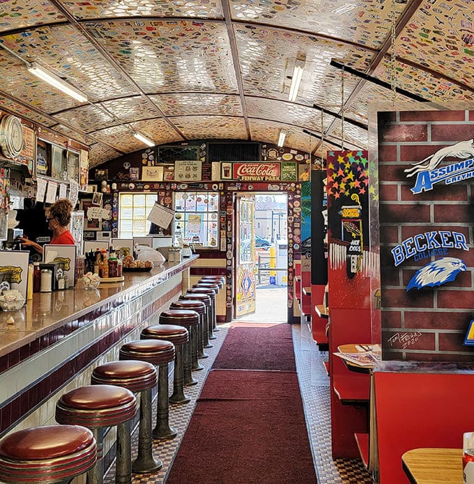 Step inside and time stands still &ndash; the curved ceiling plastered with business cards tells stories of satisfied diners who've made the pilgrimage to this Worcester institution.
