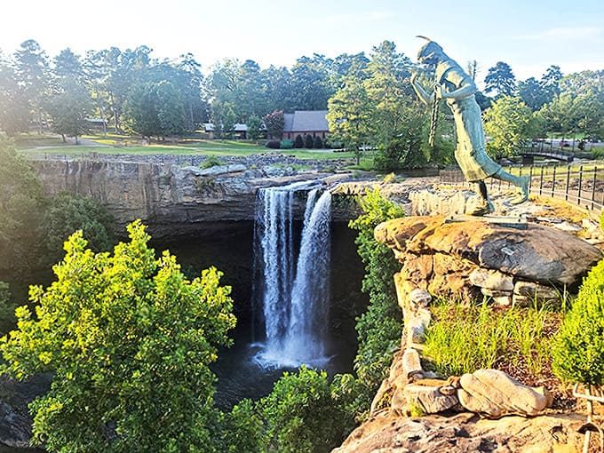 Noccalula Falls drops 90 feet with dramatic flair while a bronze princess keeps eternal watch. Nature's showstopper doesn't charge Broadway prices.