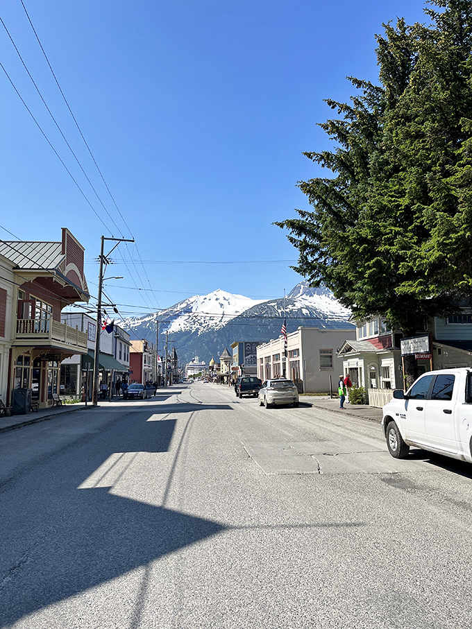 Where mountains meet main street. Skagway's downtown offers that rare combination of pristine wilderness backdrop with charming frontier architecture just steps away.