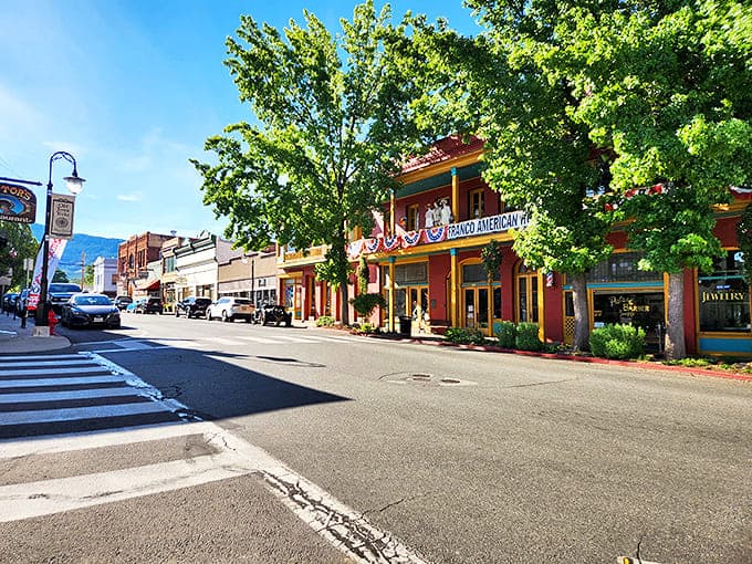 Downtown Yreka's colorful facades and patriotic bunting create a Norman Rockwell painting come to life under the watchful gaze of distant mountains.