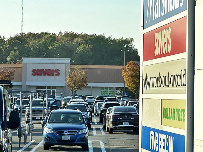 A bustling parking lot hints at the popularity of this thrifting paradise. The best treasures require a bit of competition!