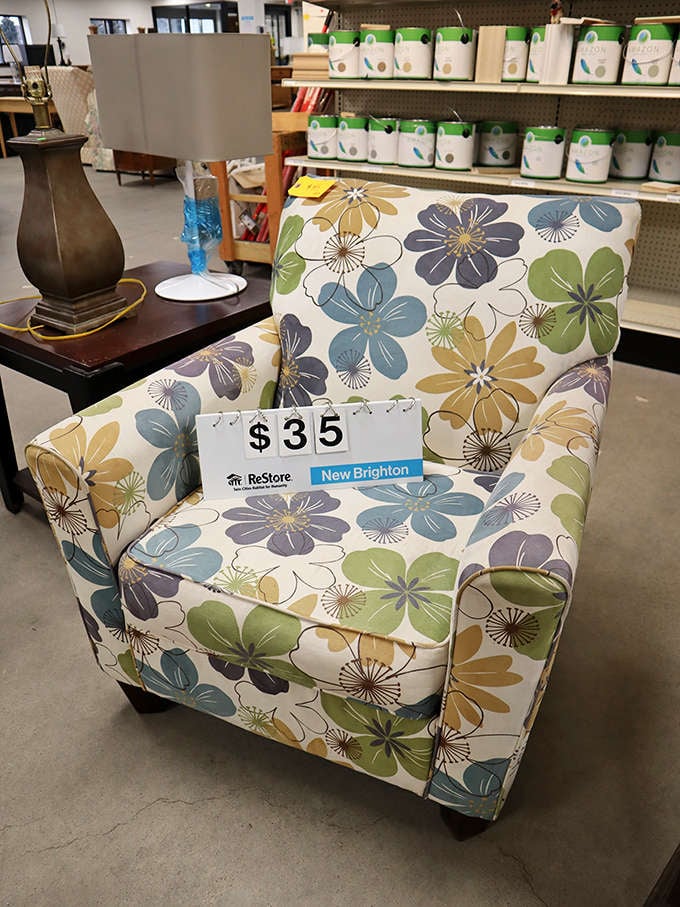 A $35 statement chair that costs less than two movie tickets with popcorn. Mid-century charm meets modern budget in floral splendor.