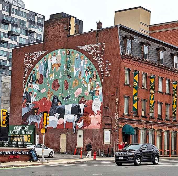 The iconic mural adorning Cambridge Antique Market's brick exterior serves as a siren call to collectors and the merely curious alike.