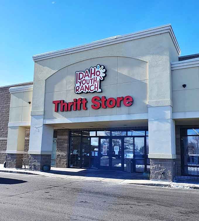 Blue skies frame this unassuming storefront, where bargain hunters and do-gooders alike converge for the ultimate win-win shopping experience.