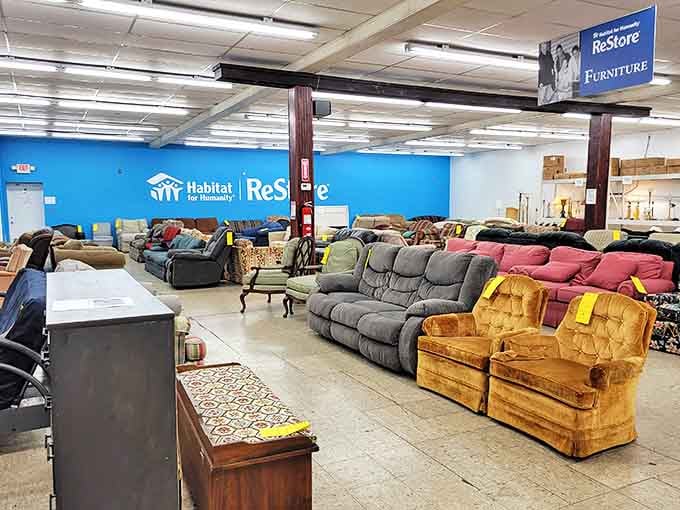 A sofa safari where vintage velvet thrones await new kingdoms. That mustard recliner? Someone's future favorite napping spot.