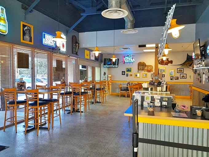 Inside, nautical charm meets desert practicality with fishing nets, wooden accents, and the promise of ocean flavors in this landlocked oasis.