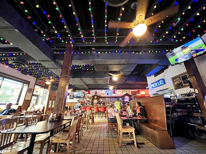 Christmas lights year-round? Yes, please! The perpetual celebration ceiling makes every meal feel like a special occasion.