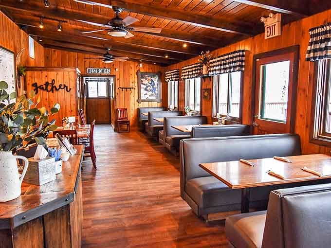 Warm wood paneling and cozy booths create the perfect backdrop for morning conversations and coffee refills that never seem to end.
