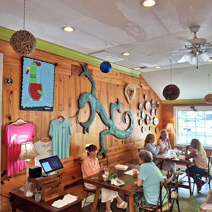 Whimsy reigns supreme inside with metal lizards crawling across wooden walls. It's like dining inside the imagination of a beach-loving chef who collects quirky art.
