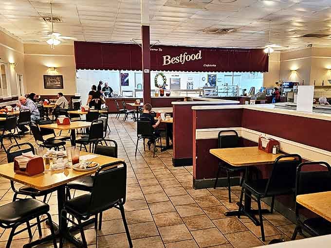Inside, time stands still in the best possible way &ndash; simple tables, classic cafeteria-style service, and the quiet hum of conversation that says "good food happens here."