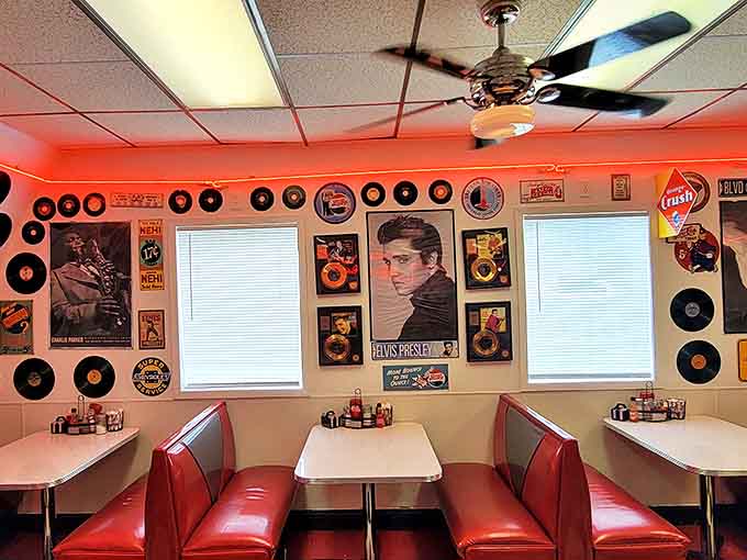 Elvis watches over diners from walls adorned with vinyl records, creating the perfect backdrop for conversations that flow as freely as the coffee.