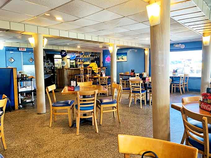 Inside, the casual blue-walled dining room offers the perfect no-frills setting where the seafood, not the decor, rightfully takes center stage.