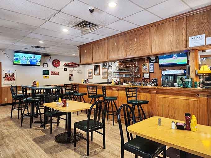 Wood paneling and simple furnishings create that perfect small-town atmosphere where the food, not the decor, rightfully takes center stage.
