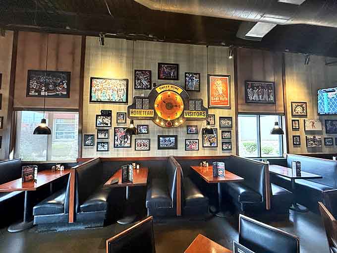 Sports memorabilia adorns the walls while comfortable booths invite you to settle in for the big game and bigger flavors.