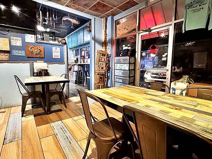 Rustic wooden tables and metal chairs say, "We're serious about seafood, not furniture." The perfect backdrop for the messy masterpieces to come.