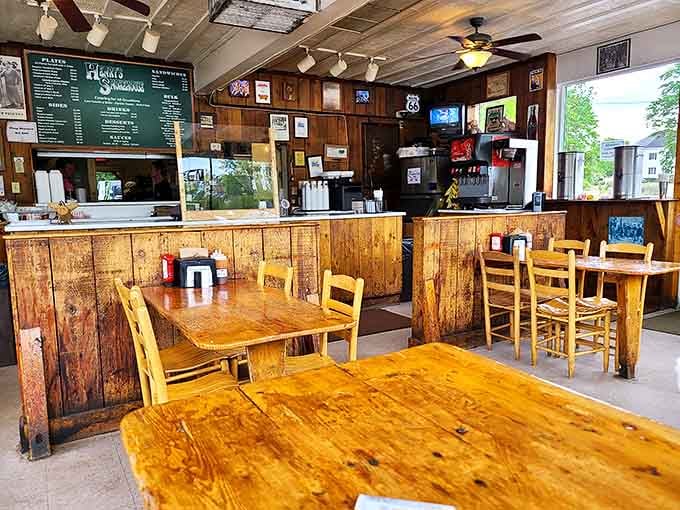 Simple wooden tables and chairs tell you everything you need to know&mdash;this place focuses on what matters: the food, not fancy furniture.