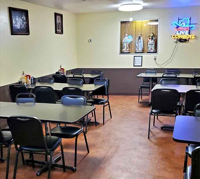 Classic diner simplicity at its finest &ndash; where the neon Cowboys sign glows with more authenticity than any trendy restaurant's Edison bulbs ever could.