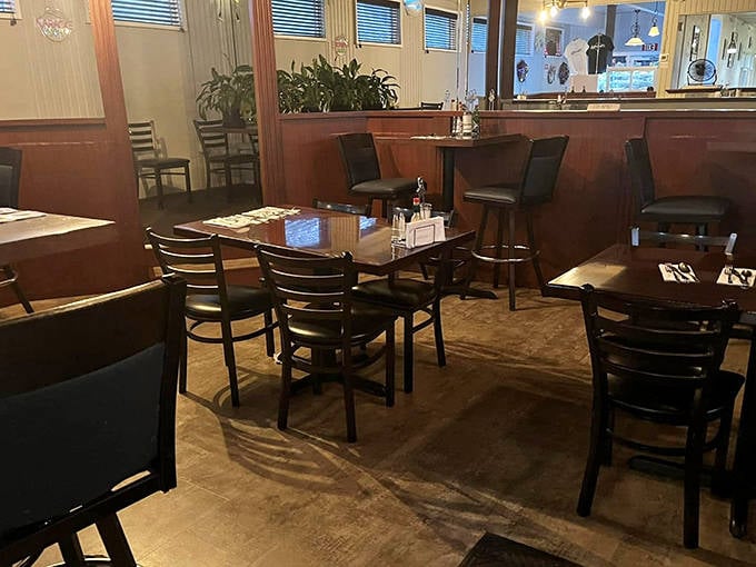 Warm wood tones and comfortable seating create that "everybody knows your name" vibe. Cozy without being cramped.