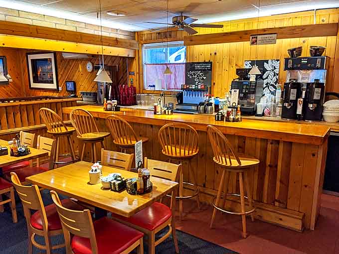 Warm pine paneling and sturdy wooden chairs create that quintessential Wyoming coziness&mdash;like dining in a particularly delicious cabin in the woods.