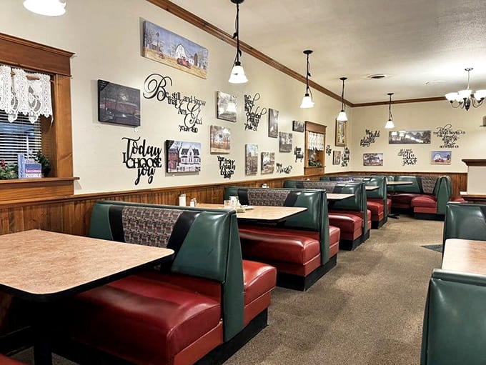 Classic diner booths invite you to slide in and stay awhile. Those red and green seats have cradled countless Kansas conversations and comfort food comas.