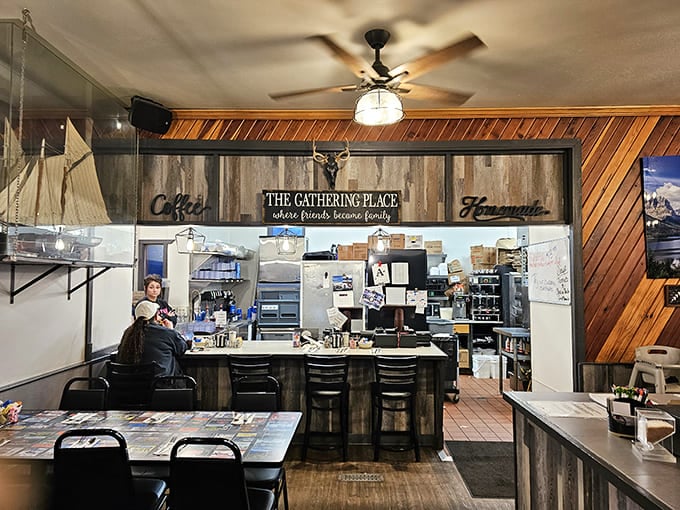 Inside, wood-paneled walls and the "Gathering Place" sign tell you everything you need to know&mdash;this isn't just a restaurant, it's where Kalispell comes together.