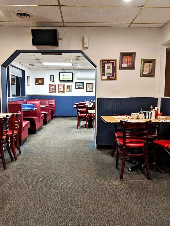 Classic red vinyl booths and blue wainscoting create that perfect diner atmosphere&mdash;where comfort trumps trendiness and conversations flow as freely as the coffee.
