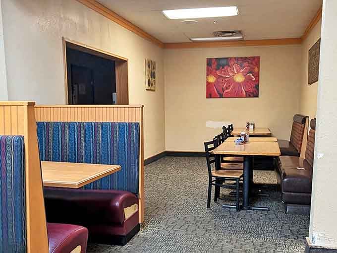Classic diner booths with those distinctive blue stripes &ndash; where countless Alaskans have contemplated life's big questions over coffee.