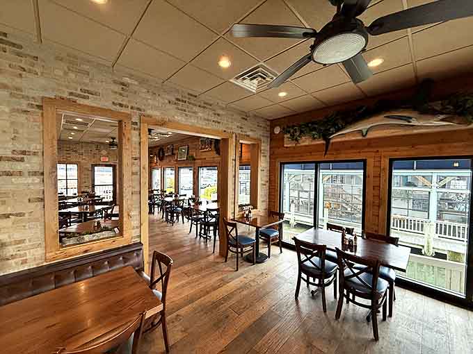 Exposed brick, wooden accents, and natural light create the perfect backdrop for seafood memories. It's like dining in a tastefully appointed ship captain's quarters.