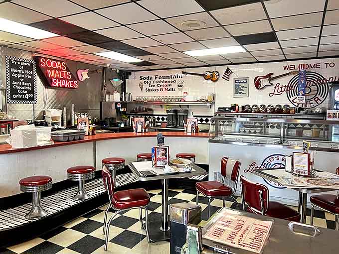The counter seating and checkered floor create that perfect "Happy Days" vibe &ndash; Fonzie would absolutely give this place two thumbs up.