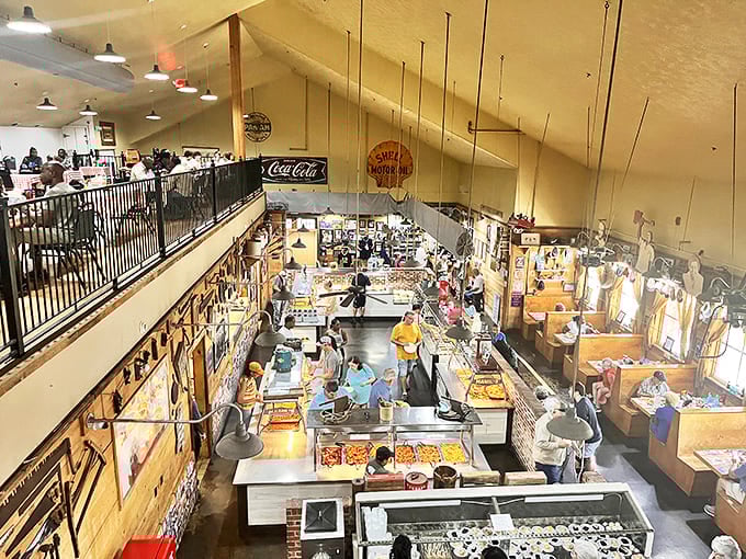 Food paradise from above! The bustling buffet area hums with activity as diners navigate what can only be described as the Disneyland of Southern cuisine.