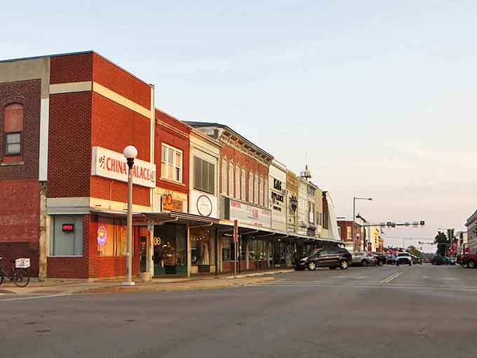 China Palace anchors this stretch of Main Street, where locally-owned businesses have survived the big-box apocalypse through sheer Midwestern determination.