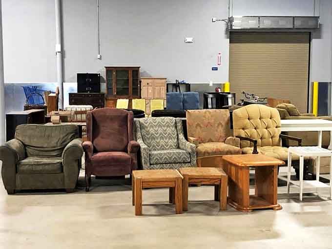 A lineup of secondhand seating options that could tell a thousand stories. One person's discarded recliner becomes another's reading nook treasure.