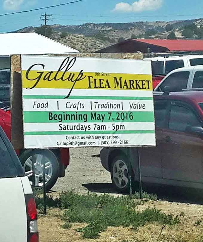 The sign promises four essential food groups of flea market happiness: food, crafts, tradition, and the thrill of scoring an unbeatable deal.