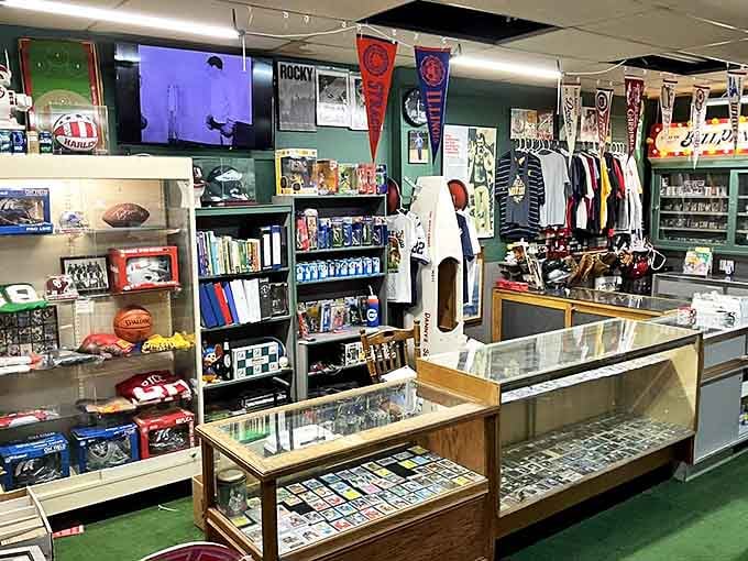 Sports memorabilia heaven! Trading cards, pennants, and memorabilia create a museum where fans can actually take the exhibits home.