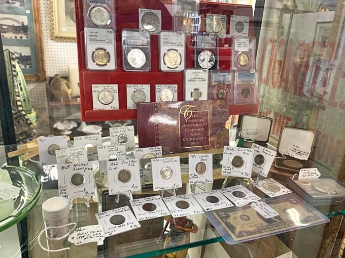 Numismatist paradise! These meticulously displayed coins aren't just currency; they're tiny time machines that once jingled in someone's great-grandfather's pocket.