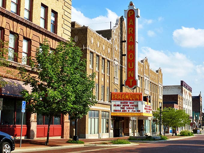 The Paramount Theatre's glowing marquee lights up Anderson nights, a beacon of affordable entertainment in a sea of brick.