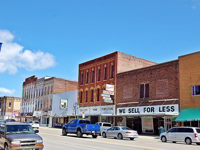 Keokuk's historic downtown stretches along streets where parking meters are purely decorative suggestions.