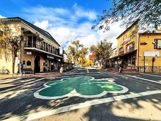 Murphys' shamrock crosswalk announces its personality before you even park &ndash; small-town charm with a wink and a smile.