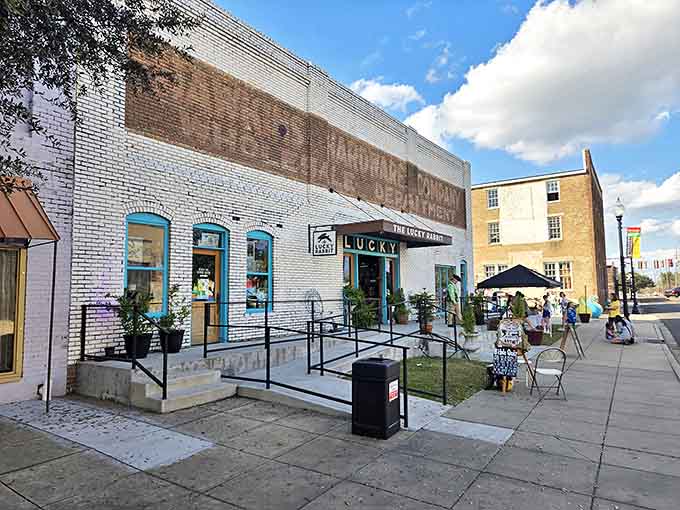 The Lucky Rabbit's historic brick fa&ccedil;ade hints at the time-traveling adventure waiting inside. Those turquoise window frames are just the beginning!