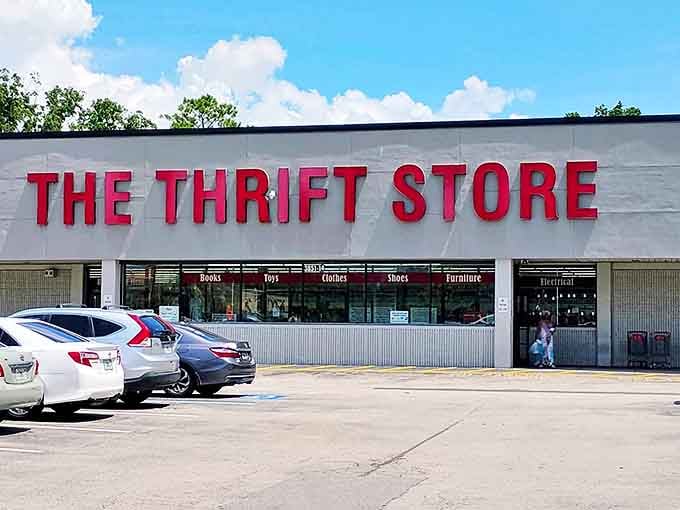 Simple name, serious selection. The Thrift Store's bold red lettering promises treasures within those unassuming walls.