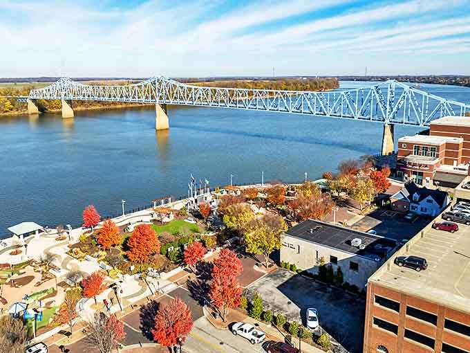 The Ohio River bridge connects Owensboro to Indiana, but the real connection happens in the bustling riverfront district below.