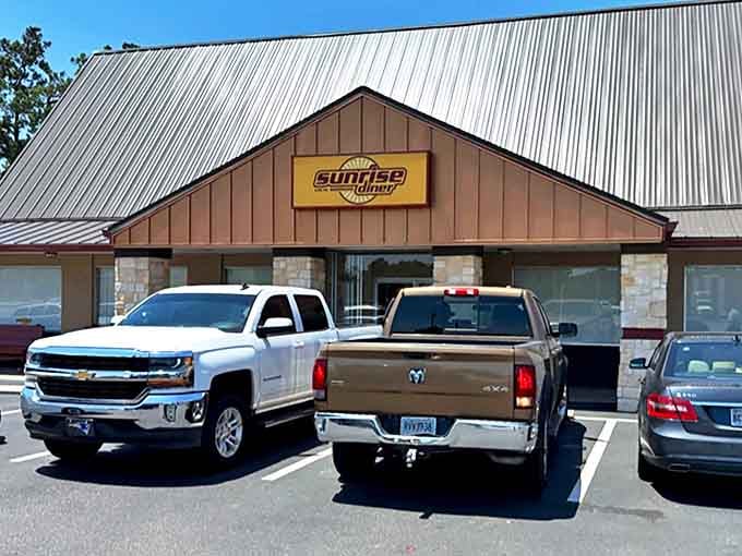 Pickup trucks in the parking lot – always a good sign you've found authentic local flavor at Sunrise Diner.
