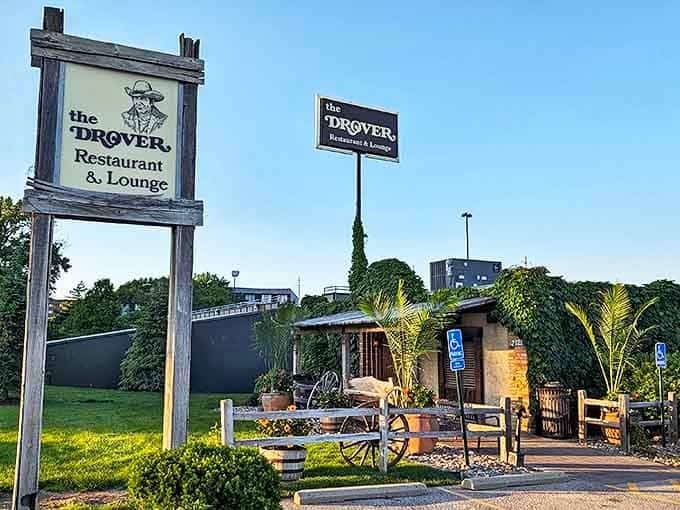 The weathered wooden sign and frontier-style entrance transport you straight back to cattle-driving days of yore.