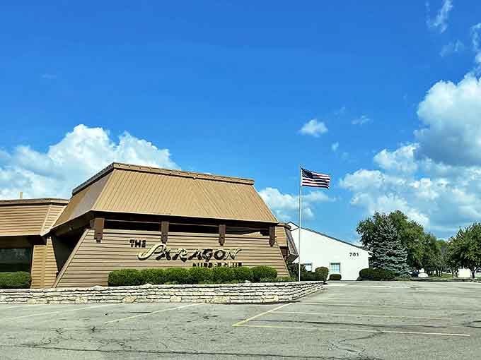 That distinctive roofline and clean design tell you this place takes both atmosphere and steaks seriously.