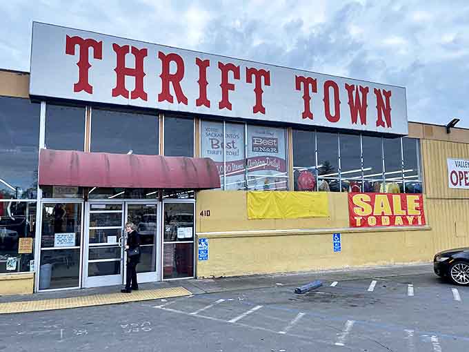 Thrift Town's welcoming awning beckons with the promise of undiscovered treasures and wallet-friendly prices.