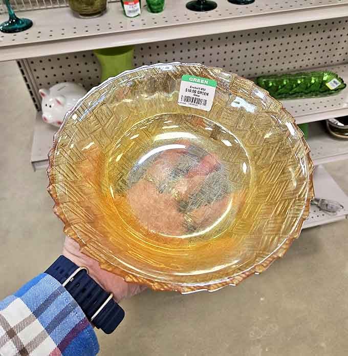 Depression glass or modern reproduction? Either way, this amber bowl would make Martha Stewart nod approvingly at your dinner table.