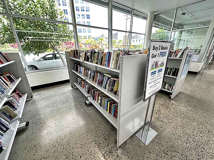 Bookworm heaven with a "buy three, get one free" cherry on top. Literary treasures await between these well-organized shelves, from beach reads to forgotten classics.